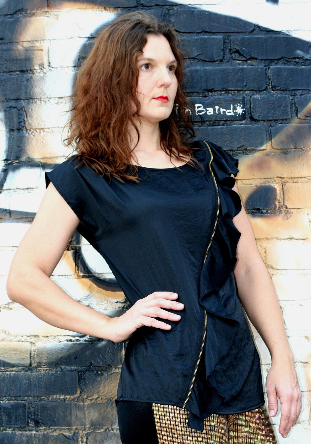 FEVER……………………………………………..Black Mixed Media Shirt with ruffle and zipper