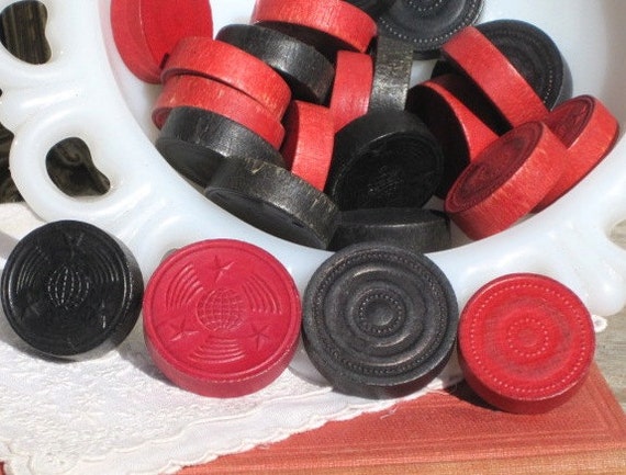 Vintage Wooden Checker Game Pieces 24 PCS Red and Black