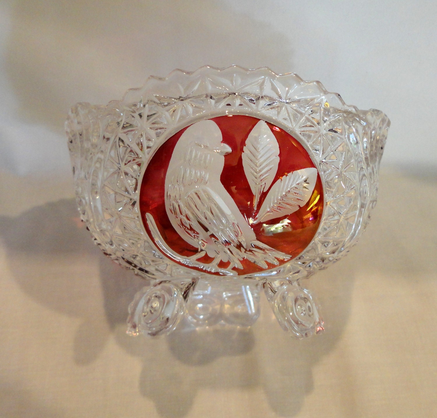 HOFBAUER BYRDES Crystal Bowl or Candy Dish Vintage Ruby Red Flash Glass ...