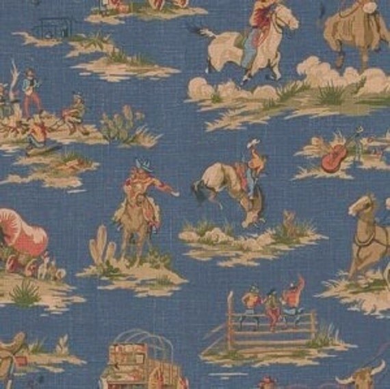 Waverly western fabric COWBOYS & INDIANS Wild West on Blue