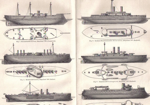 1890 Ironclads Steam Propelled Warships from by CabinetOfTreasures