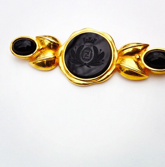 fendi brooch pin / black onyx and gold / designer chic