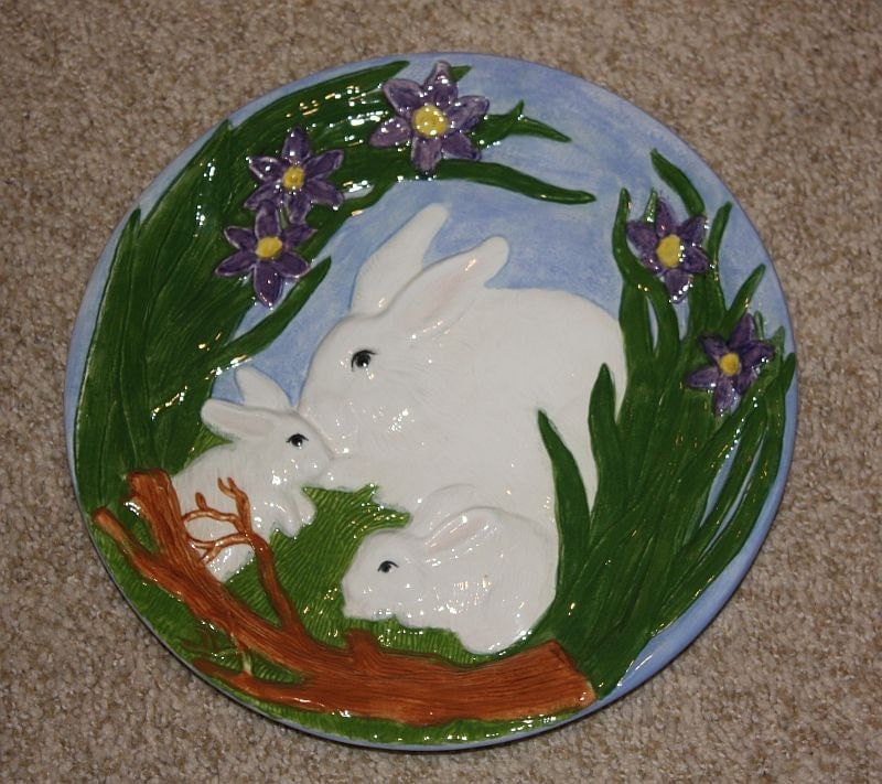 Handpainted ceramic Bunny Plate featuring a Mother Rabbit and