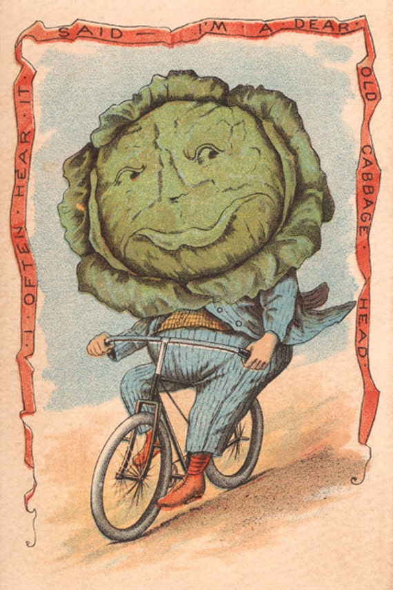 Vegetable People Cabbage Riding a Bicycle 8 x 12 Print