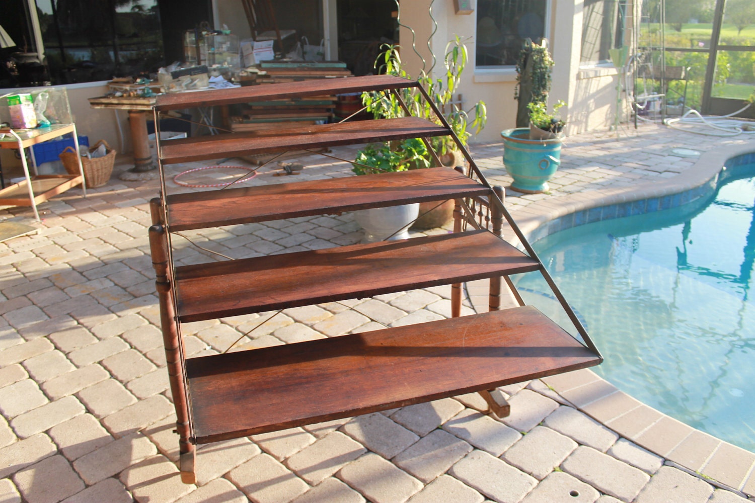 081613-5 RARE Antique Wooden and Cast Iron Baker’s rack that turns into ...