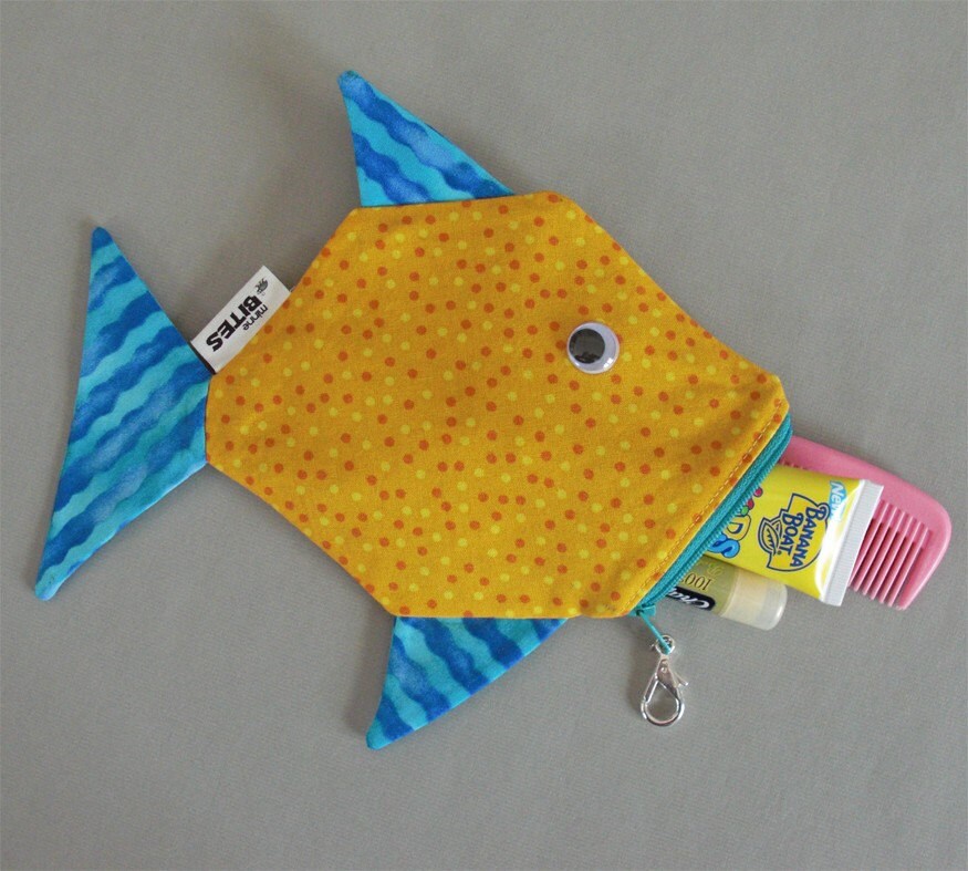 Fish Shaped Bag Little Zipper Pouch: Bright Yellow Fish Bite