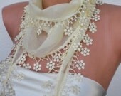 Cream Light yellow Scarf with flower lace by smilingpoet on Etsy