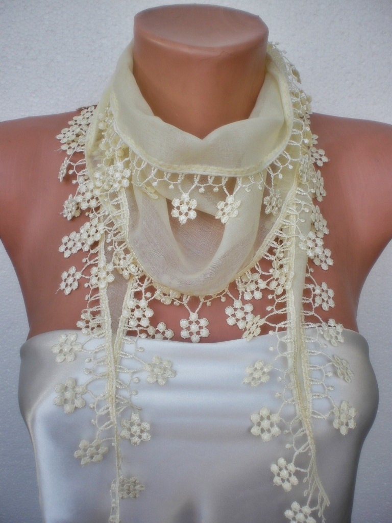 Cream Light yellow Scarf with flower lace by smilingpoet on Etsy