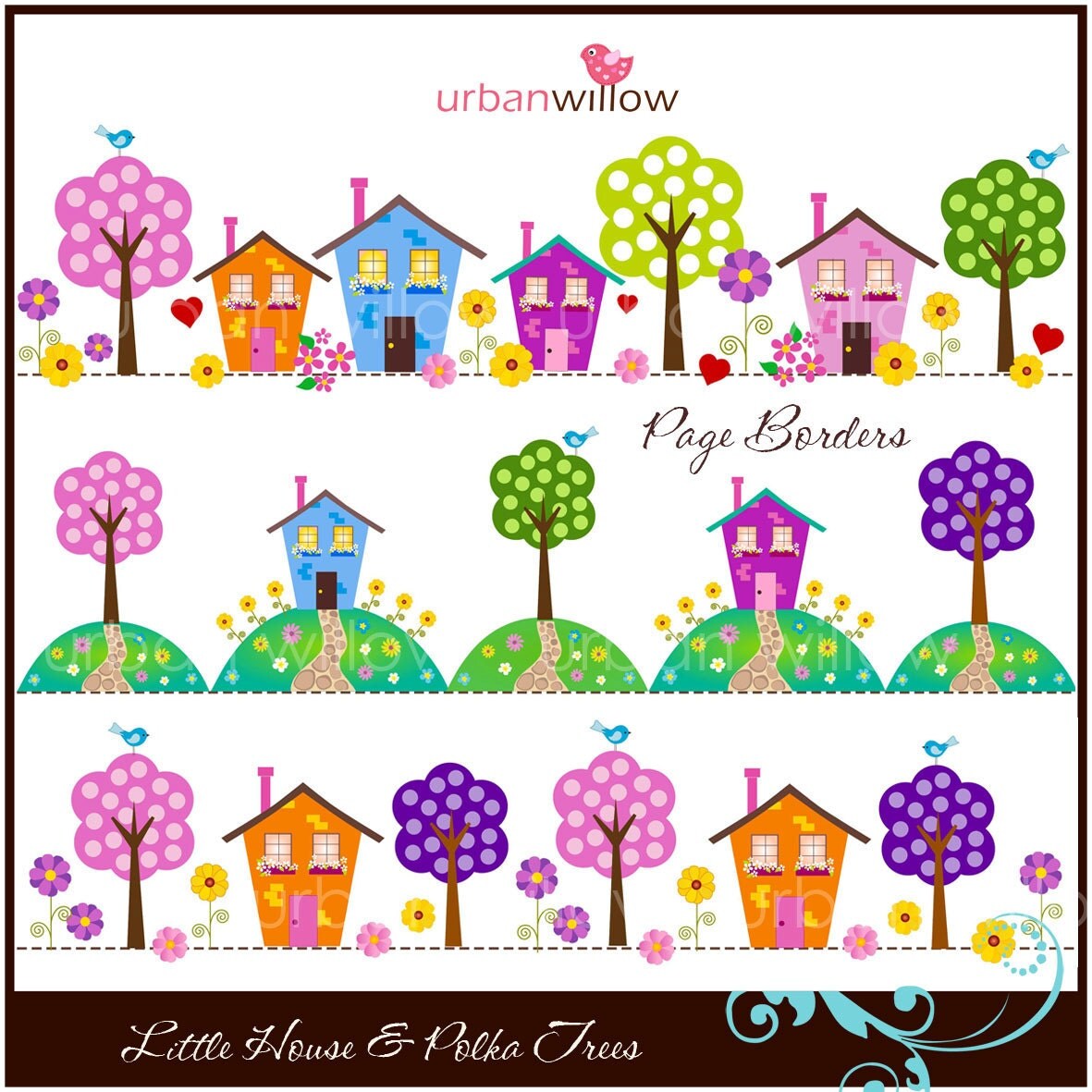 LITTLE HOUSE & Polka Trees. 3 Page Borders. Png and Jpeg