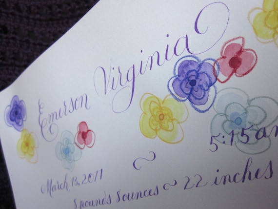 Items similar to Custom Calligraphy Birth Certificate with Watercolor ...