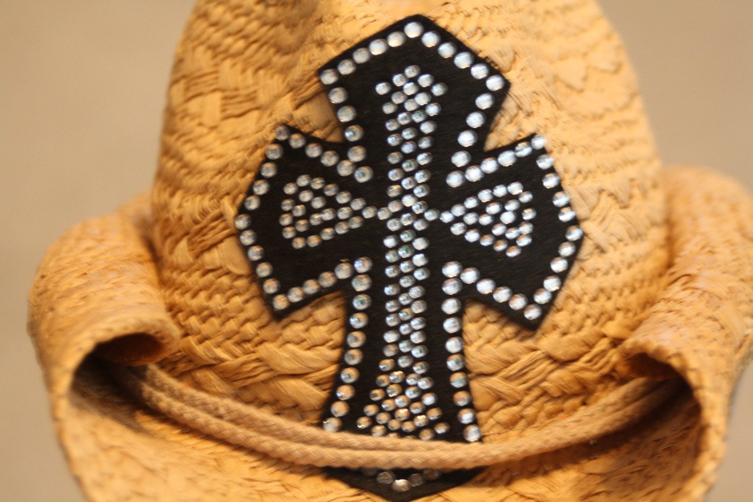 Straw Cowboy Hat with Bling Cross by rockinthebling on Etsy