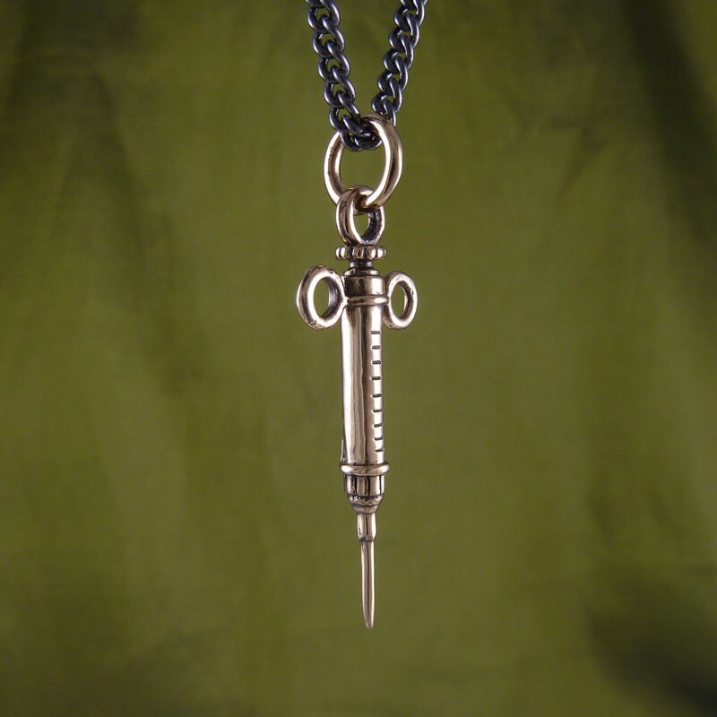 Syringe Necklace Bronze Syringe Pendant on 24 Gunmetal