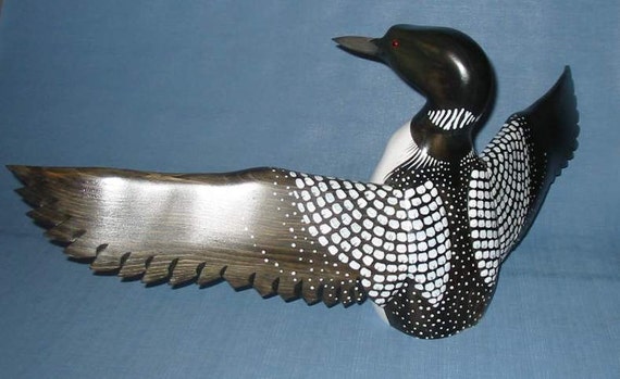 Hand carved Common Loon dancing decoy wood carving by Robert