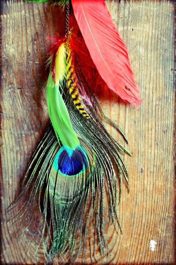 Long Colorful Chain Peacock Rooster Feather by Cloud9Jewels