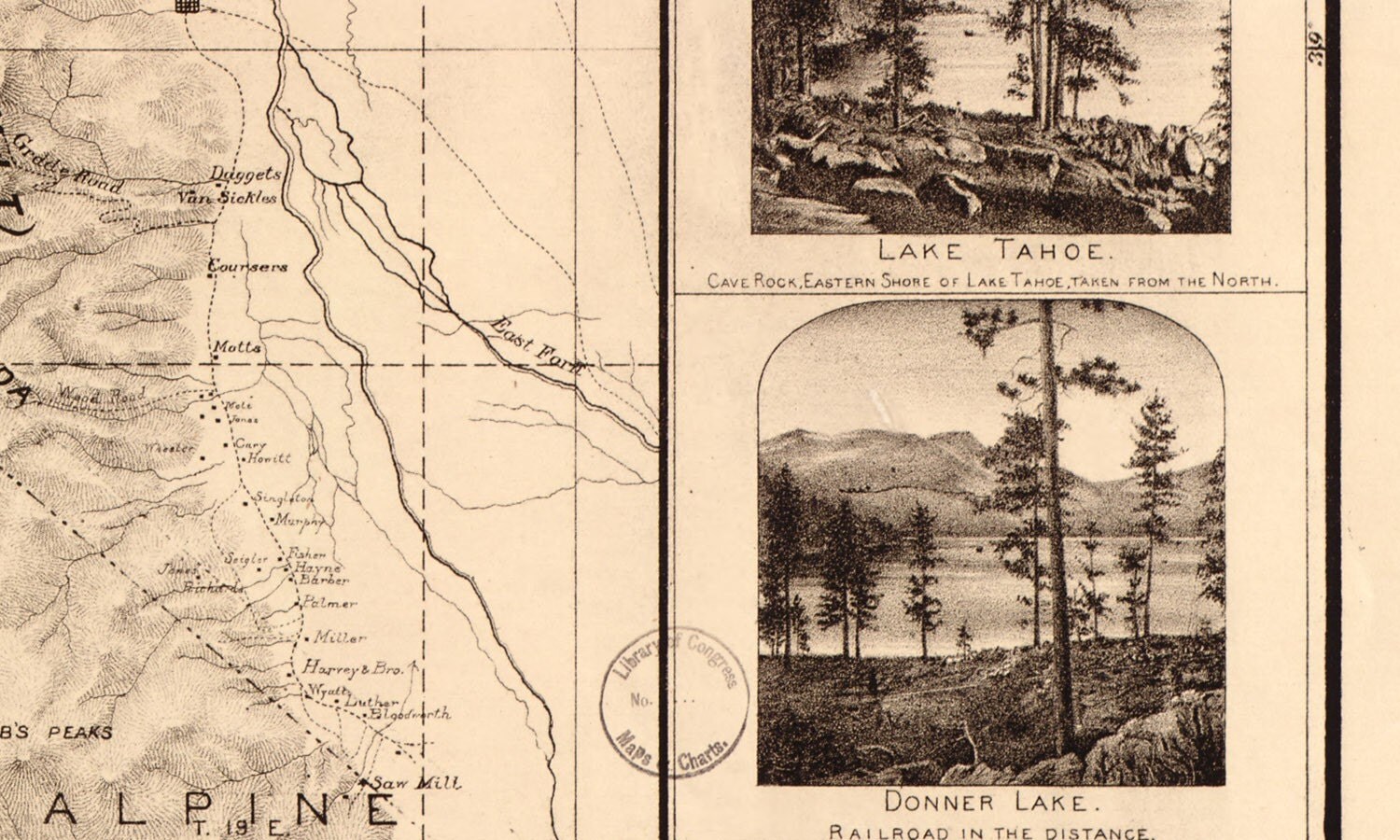 1874 Map of Lake Tahoe California Nevada Giclee Print