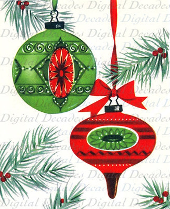 Christmas Tree Ornaments Digital Image Vintage Retro Art