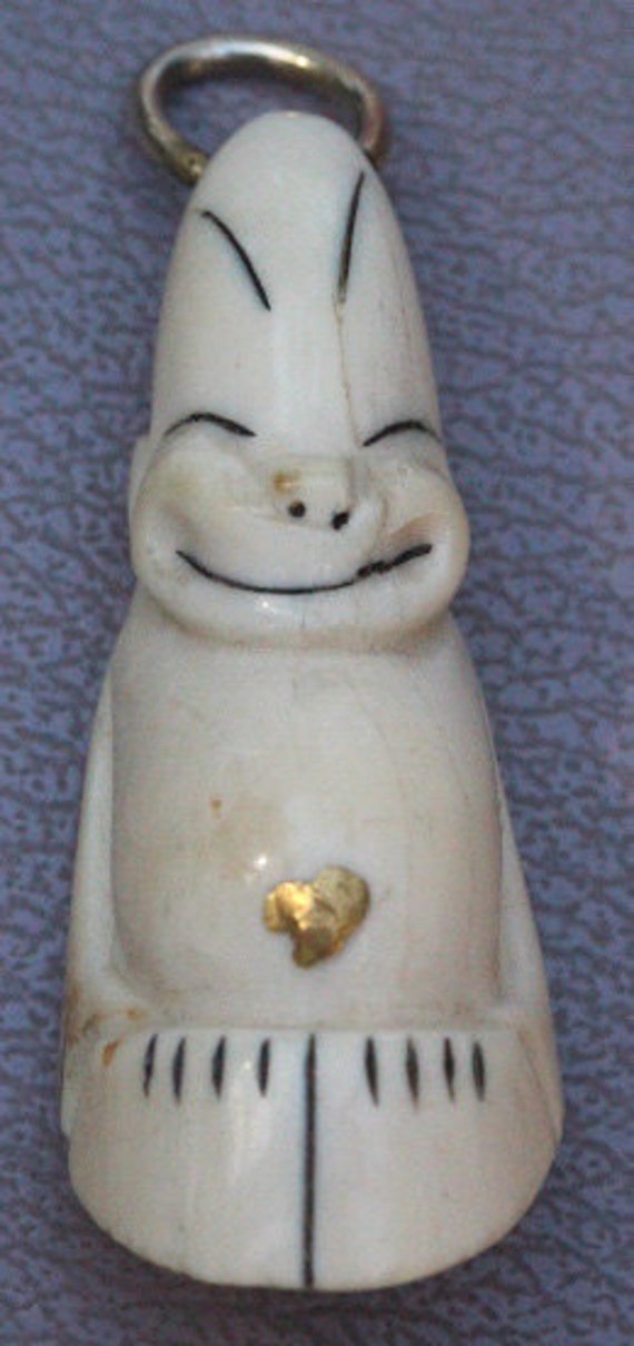 Antique Eskimo Walrus Ivory Carved Billiken Gold Belly Button