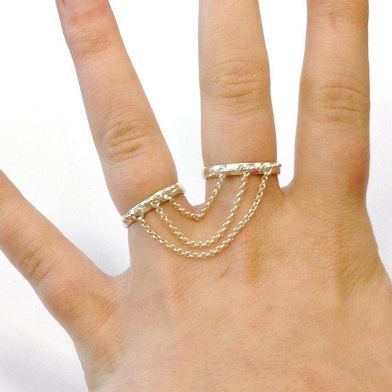 Two Finger Ring Sterling Silver Chain Link Dangle Ring Double