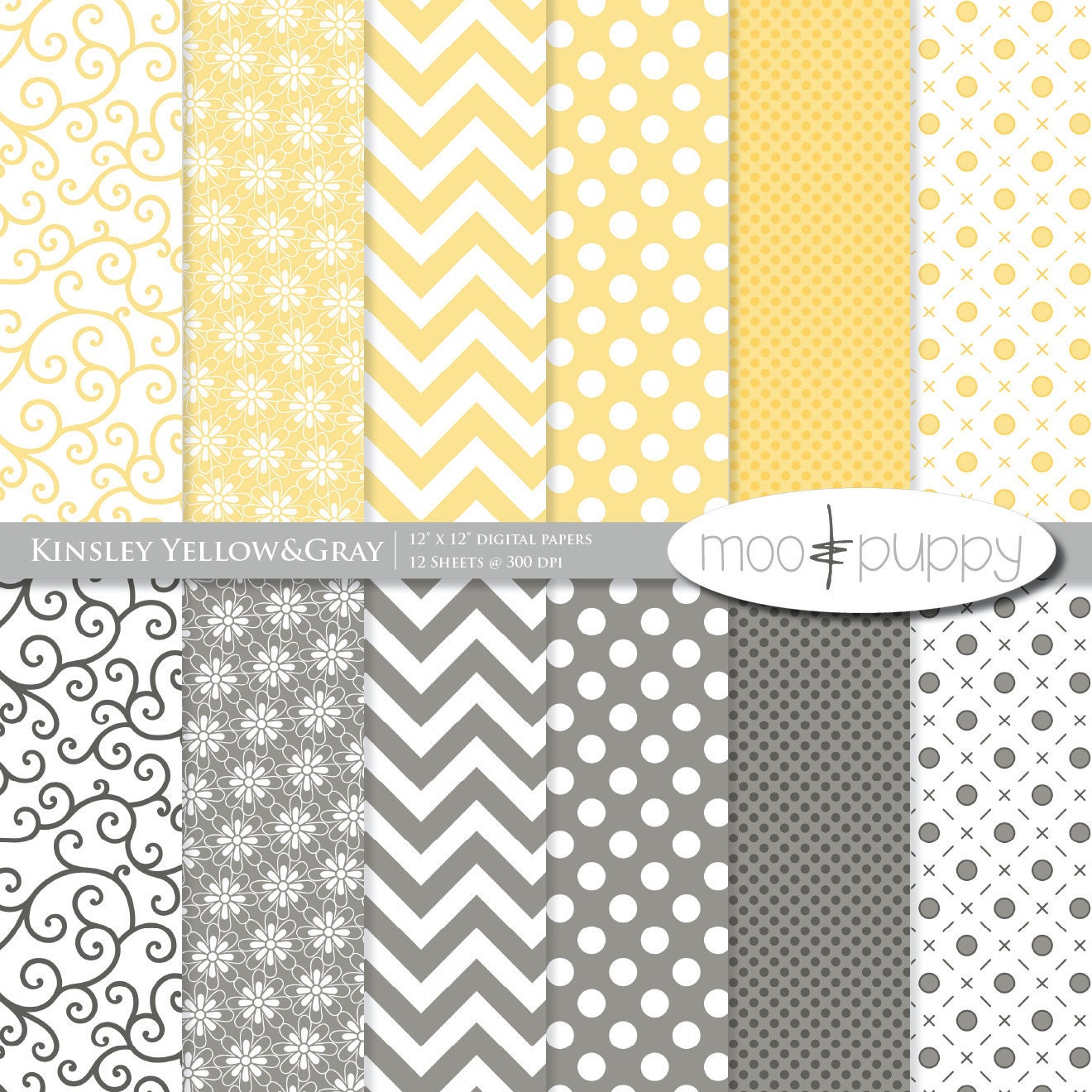 Yellow&Gray Digital Scrapbooking Paper Pack Kinsley Yellow
