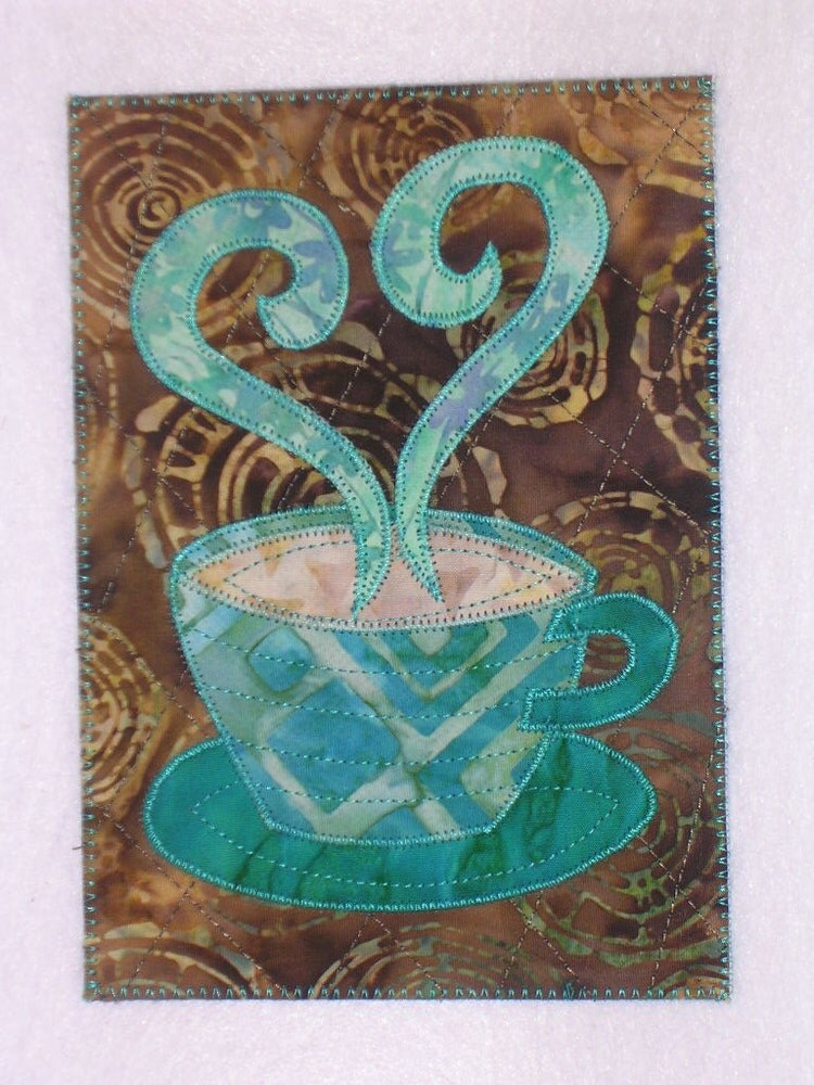 Coffee Cup of Love Quilt Art 5 x 7 Coffee or tea by postquilts