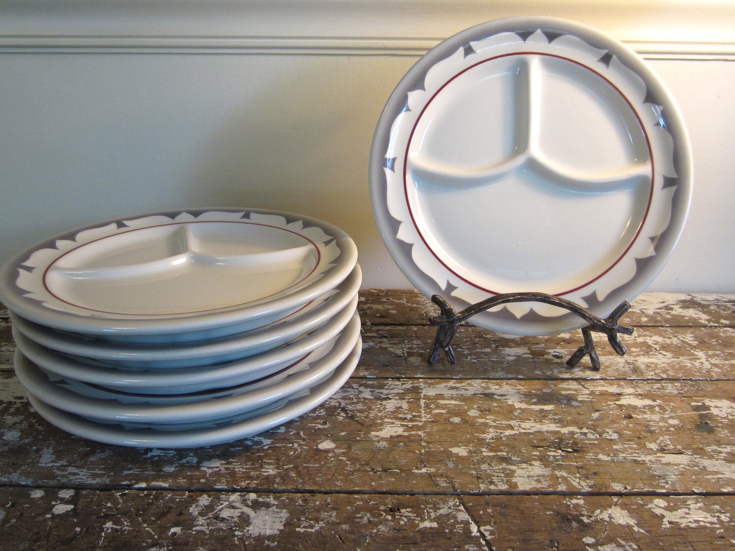 Jackson China Divided Plate Grey with Red Restaurant Plates