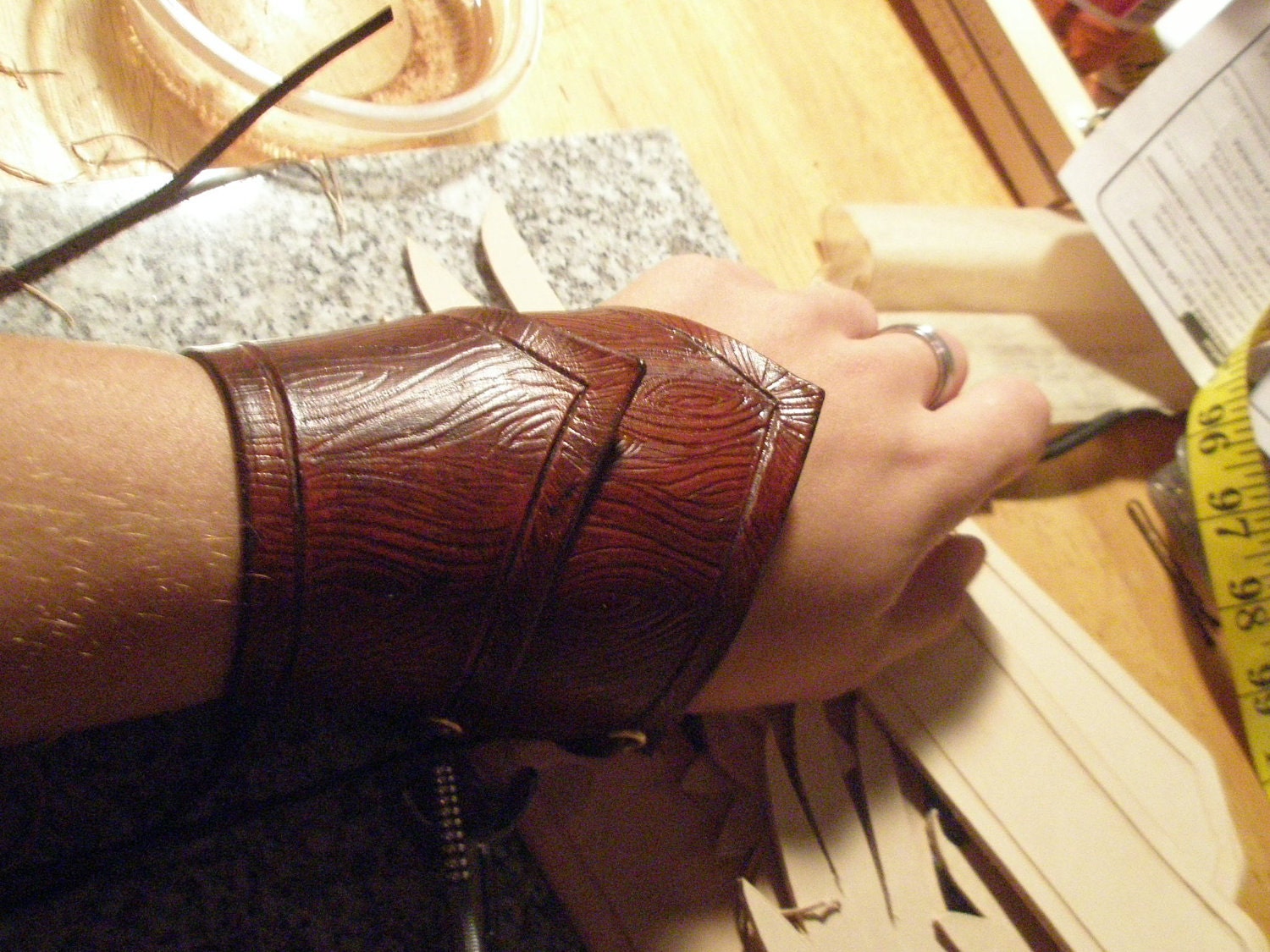 Wood Grain Hand Carved Leather Wrist by ChaosCostumes on Etsy