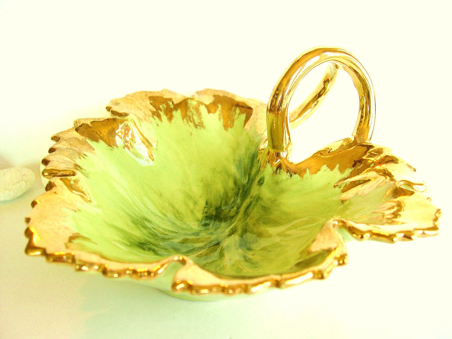 Vintage Pottery Dish Light Yellow Green Leaf – Hand-Painted with Gold ...