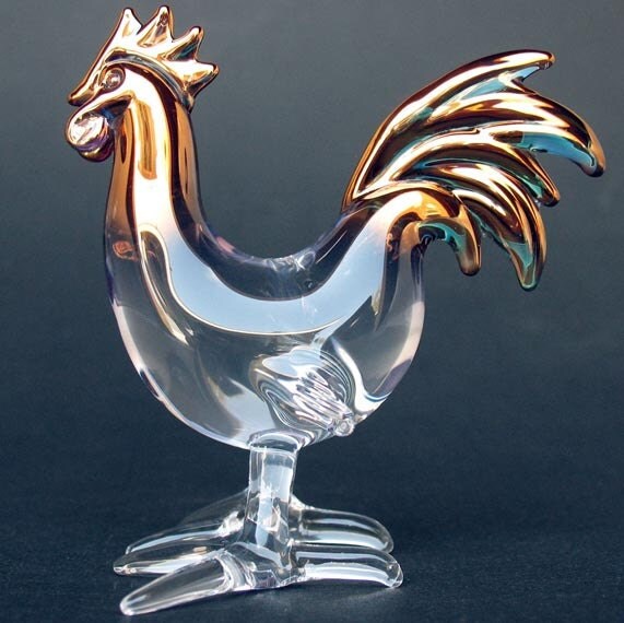 Rooster Chicken Figurine Hand Blown Glass Gold Crystal