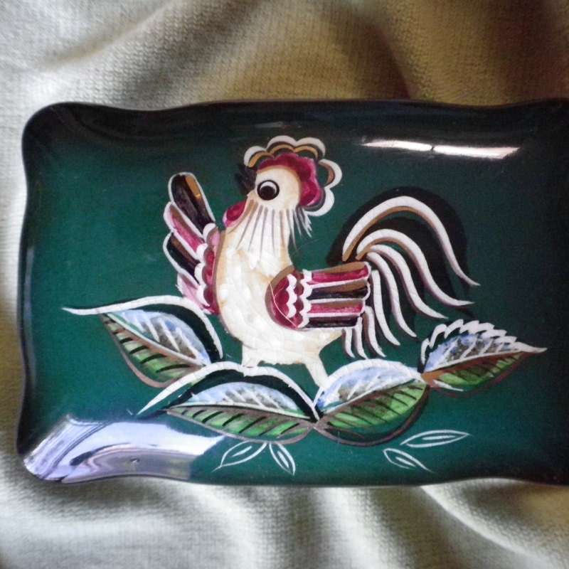 vintage 1950s 1960s chicken rooster jewelry box trinket green 50s 60s ...