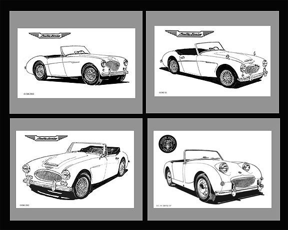 Austin Healey Black & White Drawings BN1 MK1 3000 by gentlefinds
