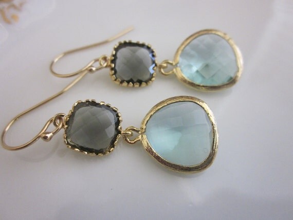 Gold Prasiolite Earrings Black Square Glass Earrings by laalee