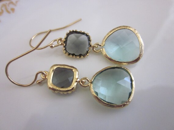 Gold Prasiolite Earrings Black Square Glass Earrings by laalee