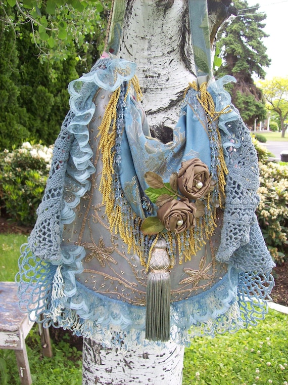 Blue Bohemian Gypsy Hippie Shoulder Bag Silk Purse