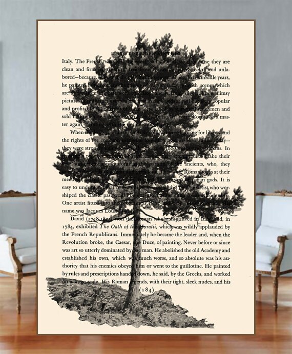 Items similar to Pine Tree on vintage book page.Recycled book.Art print ...