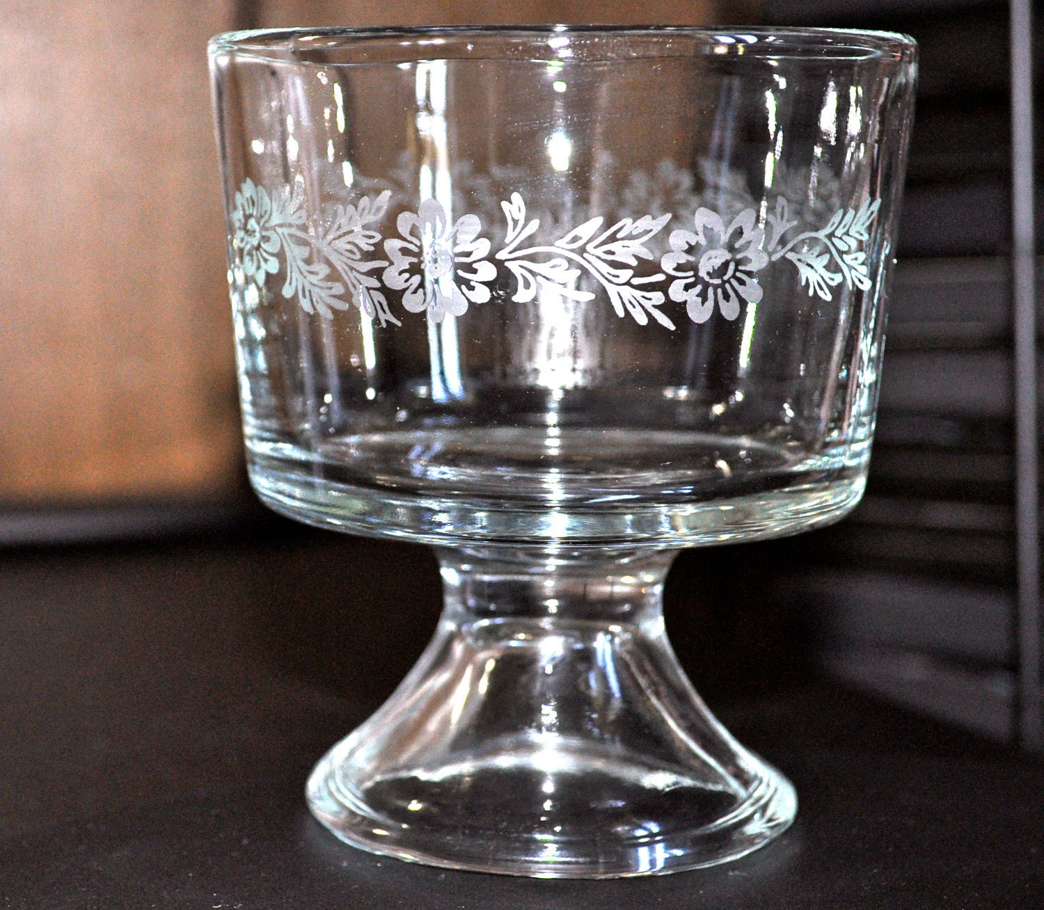 Glass Trifle Bowl With Hand Etched Floral Border Design
