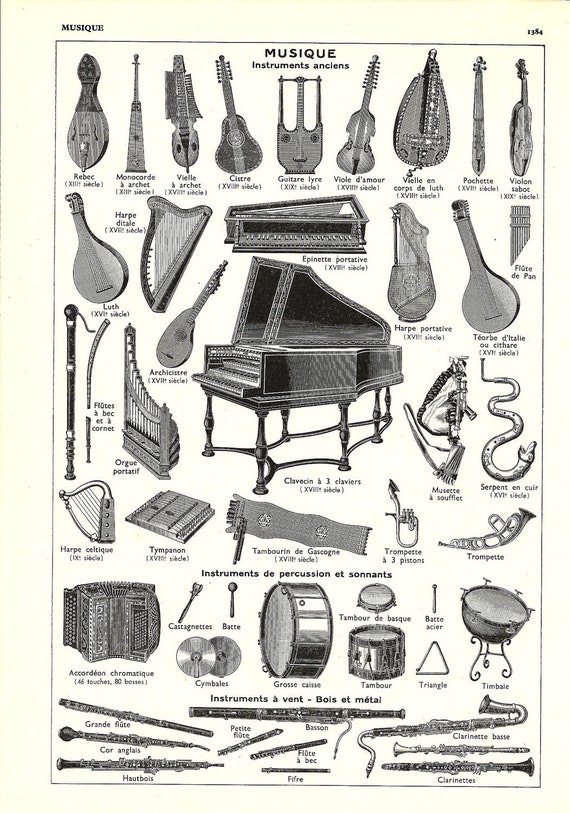 Vintage MUSICAL INSTRUMENTS print French illustration