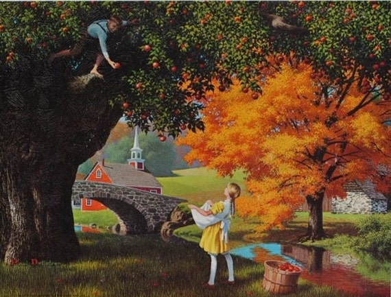Items similar to 1968 Paul Detlefsen Painting, Rare "Gathering Apples ...