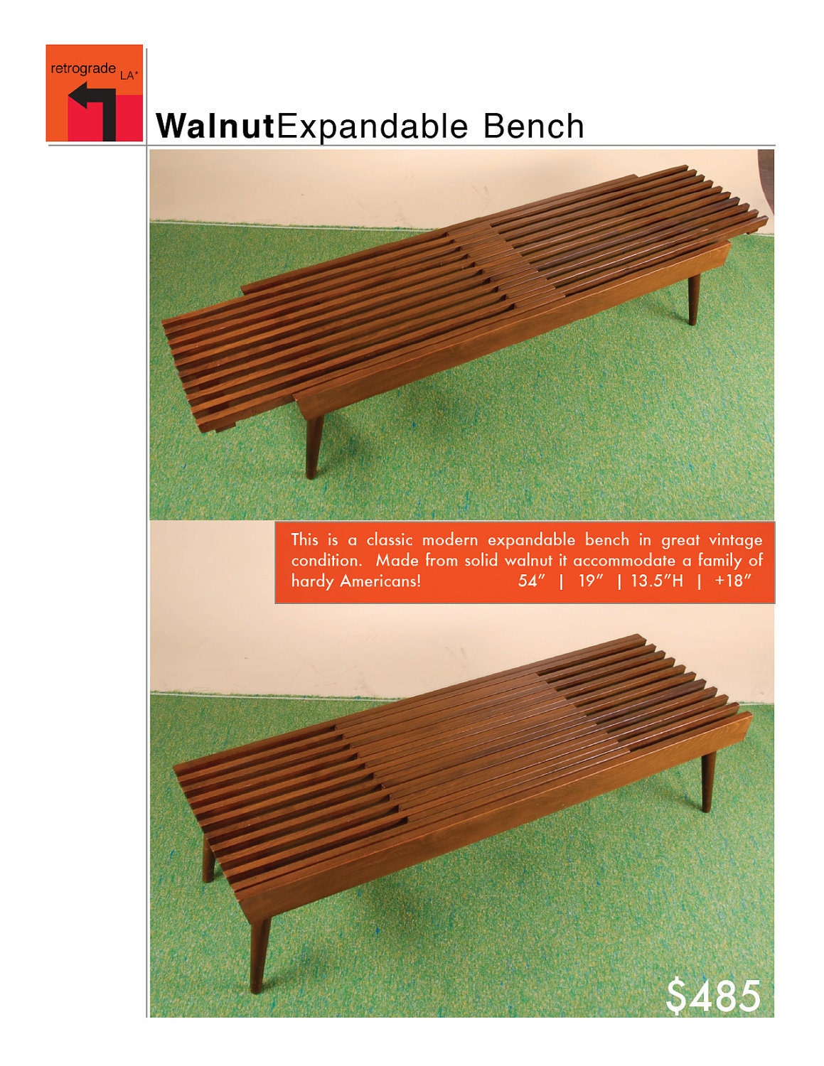 Vintage Midcentury Walnut Expandable Bench