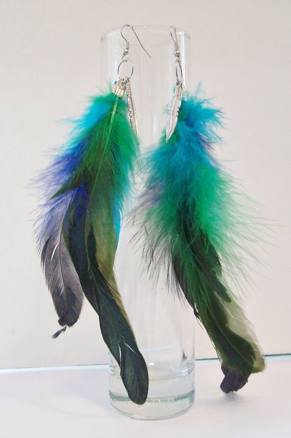 Items similar to Tri-colored Blue, Green, and Teal Feather Earrings on Etsy