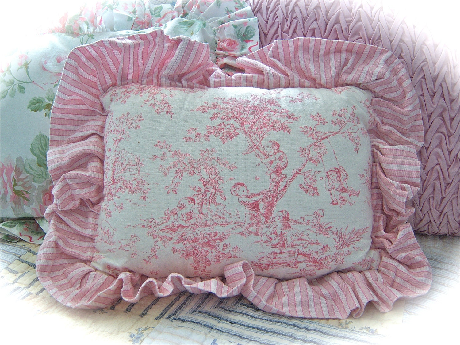 TREASURY ITEM French Country Pink Stripe TOILE Romantic