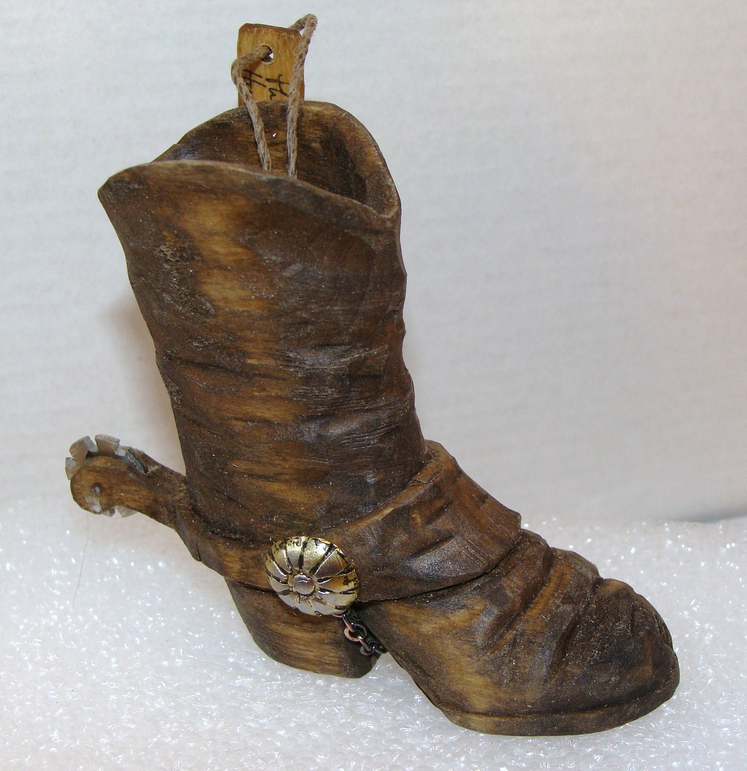 Hand carved cowboy boot ornament with spurs by HundleyHandCarved