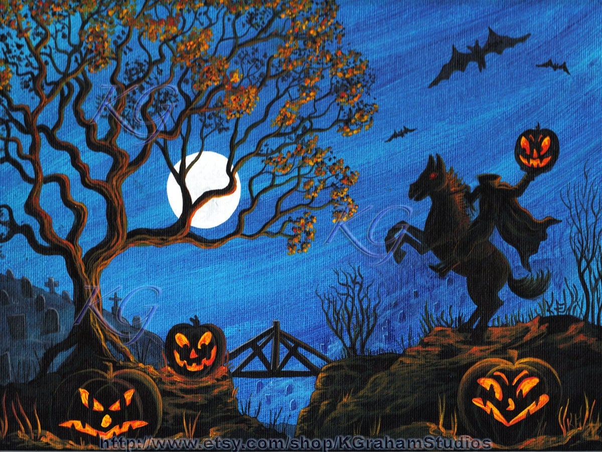 Halloween Art HEADLESS HORSEMAN 11x14 Fine Art Print Graveyard