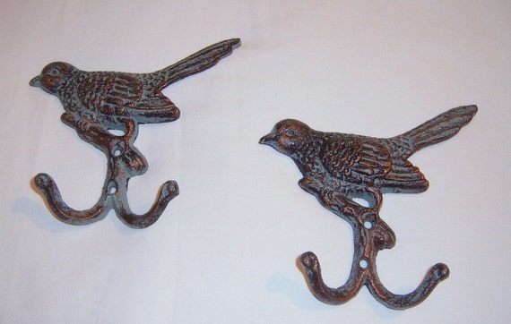 30% OFF Cast Metal Coat Hooks Birds Upcycled Pair Towel