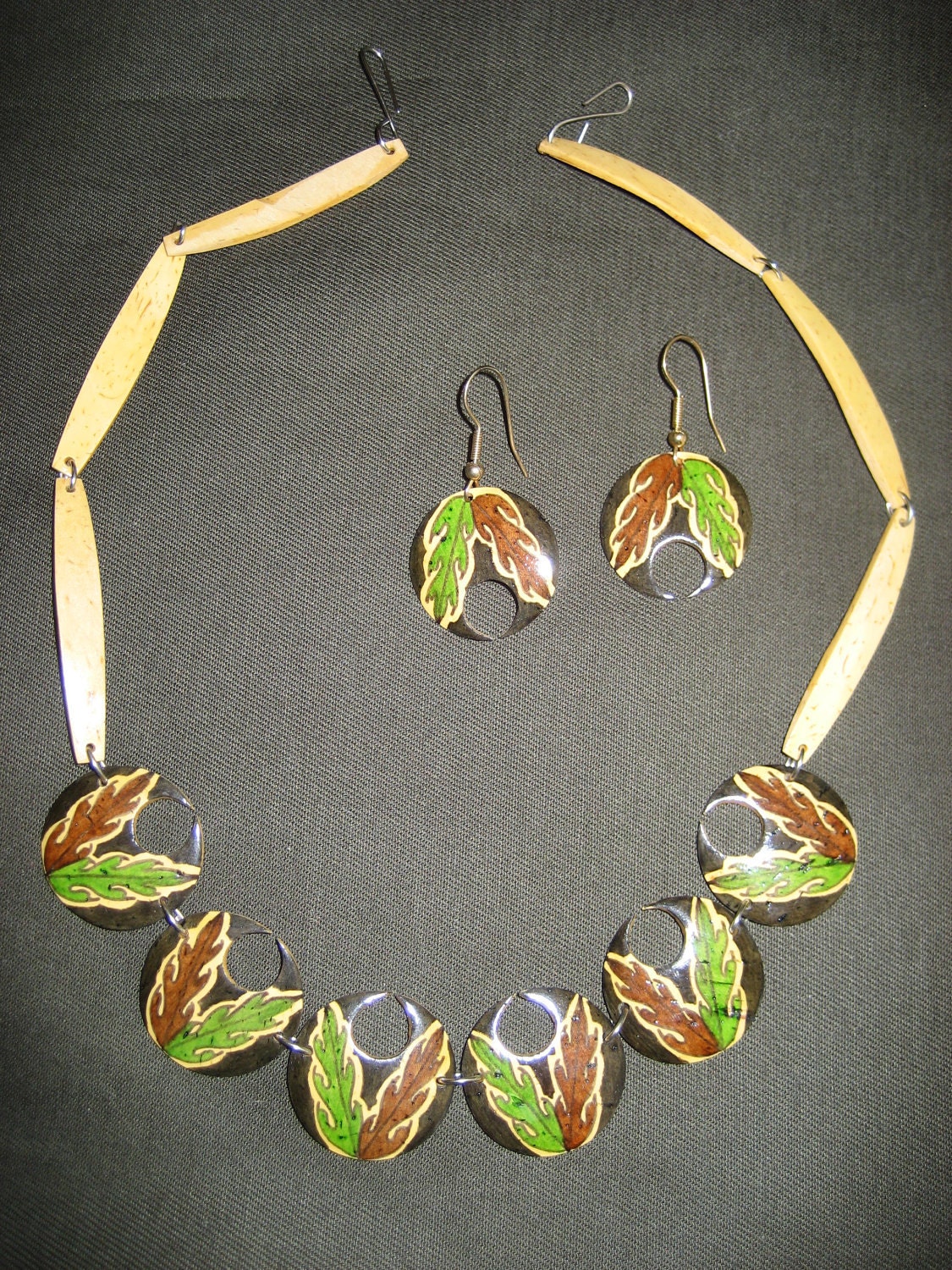 Vintage Hawaiian Necklace and Earrings Hawaii Bamboo Wood Necklace Hand ...