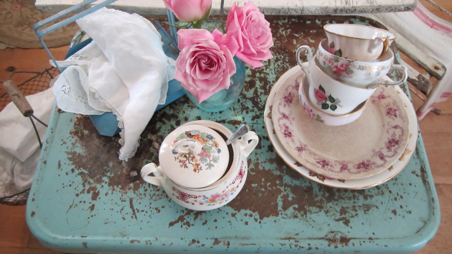 vintage Chippy painted rusty shabby chic aqau serving cart