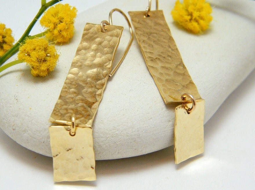 Rectangle earrings hammered gold long earrings rectangular