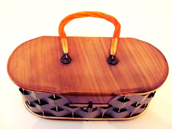 Items similar to 50s Box Purse with Orange Handle//Mid Century Box ...