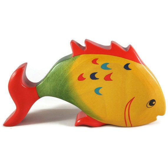 Toy Fish wooden colourful yellow red green by GeorgiaWoodenToys