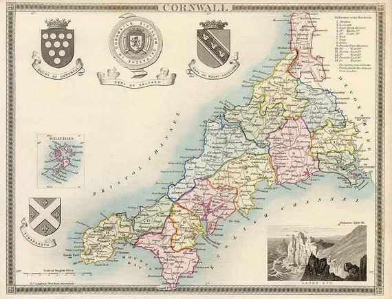 Cornwall 1837. Antique map of the county of Cornwall England