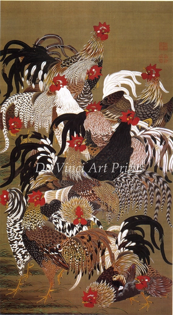 Japanese Art. Fine Art Reproduction. A Group of Roosters